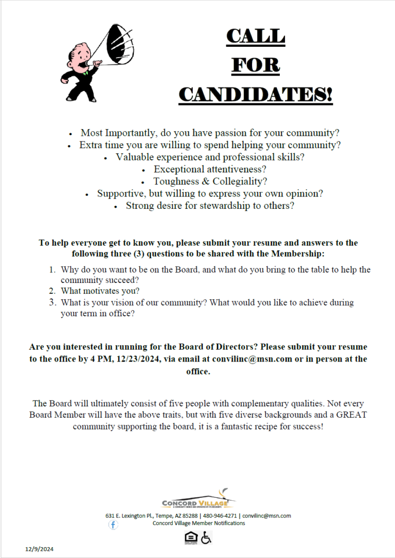 Call for Candidates – Concord Village Tempe, Arizona